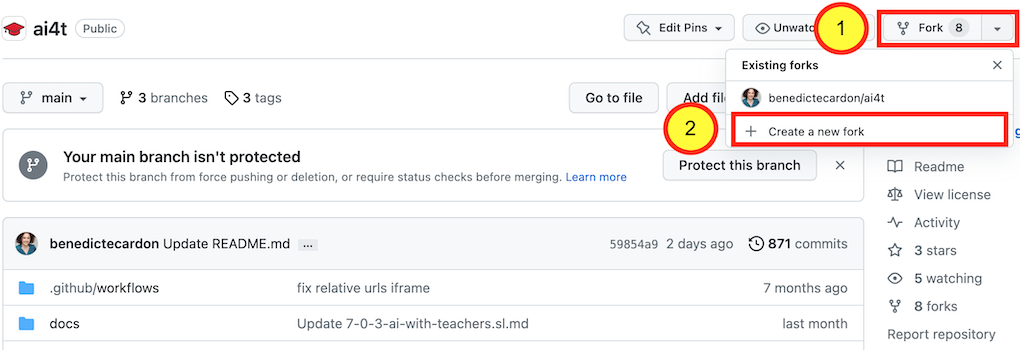 3.1.1. Step 1 - Forking the AI4T GitHub repository - Artificial Intelligence for and by Teachers